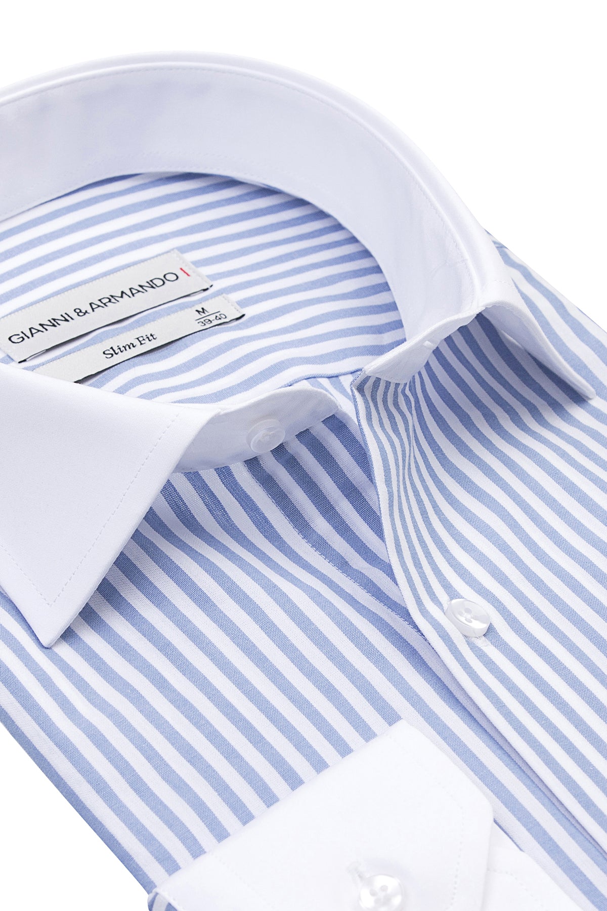 Camicia business slim fit a righe azzurre, colletto e polsini bianchi